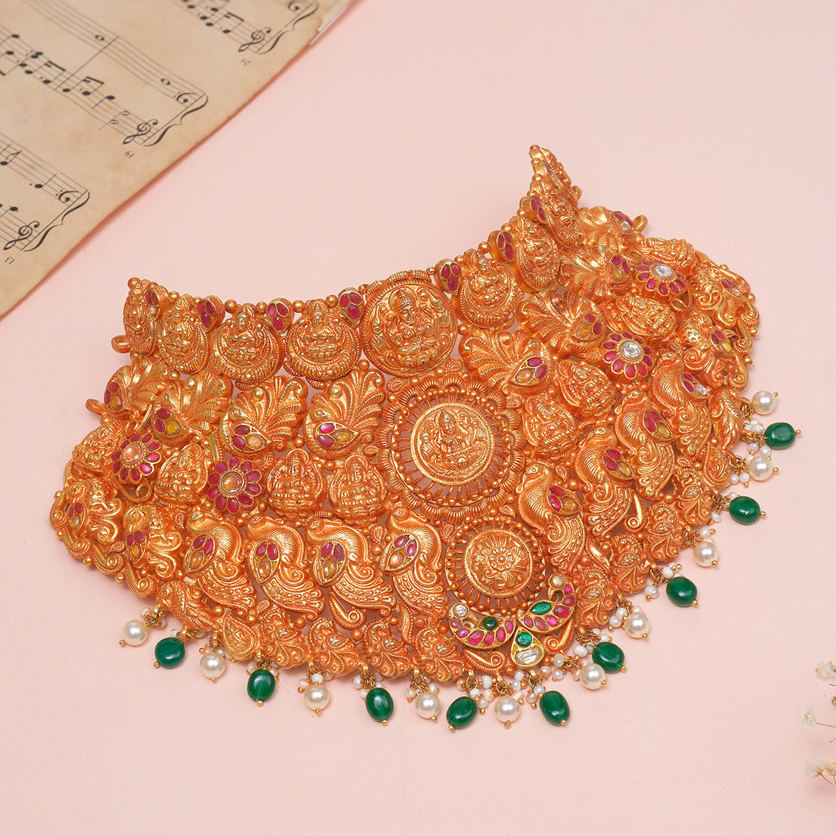 Broad Temple Silver Choker with Lakshmi Devi and Peacock Design – Padmam