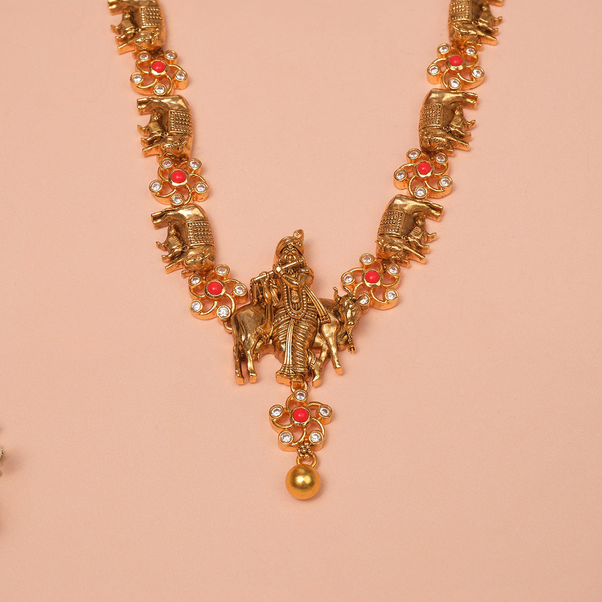 Sacred Silver Short Necklace with Lord Krishna and Holy Cow Detailing ...