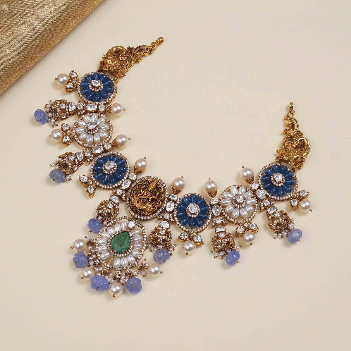 Silver Beaded Necklace with Kundans and Saraswati Devi Design – Padmam