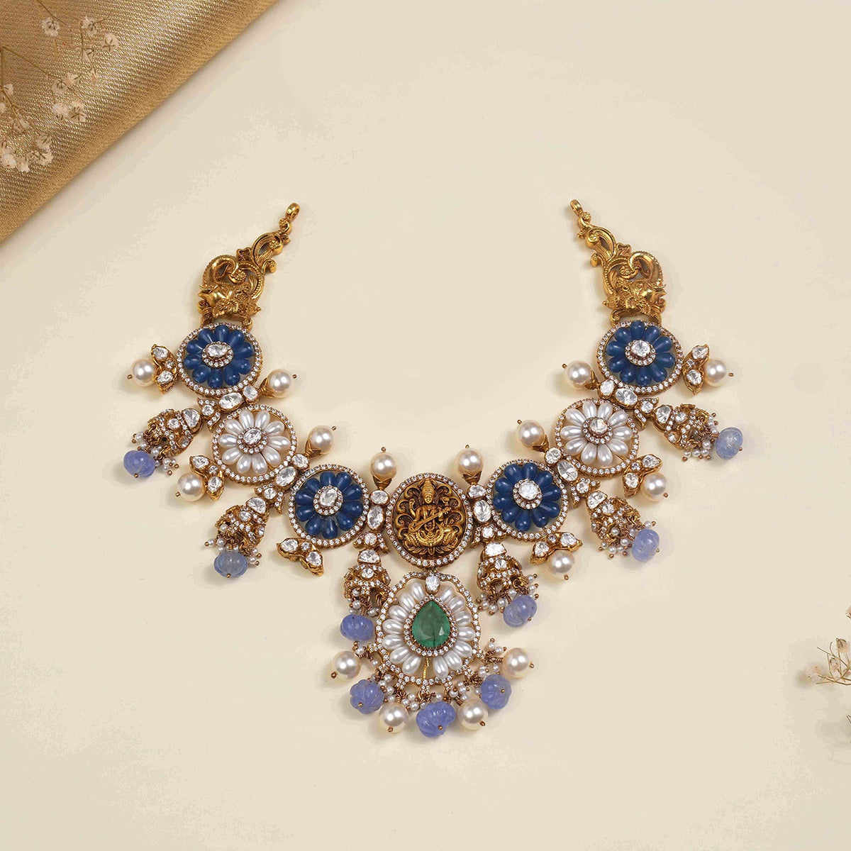 Silver Beaded Necklace with Kundans and Saraswati Devi Design – Padmam