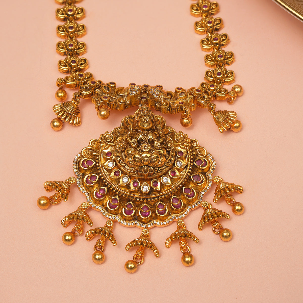 Silver Antique Lakshmi Devi Haaram with Ruby Potas and Coloured Kundan ...