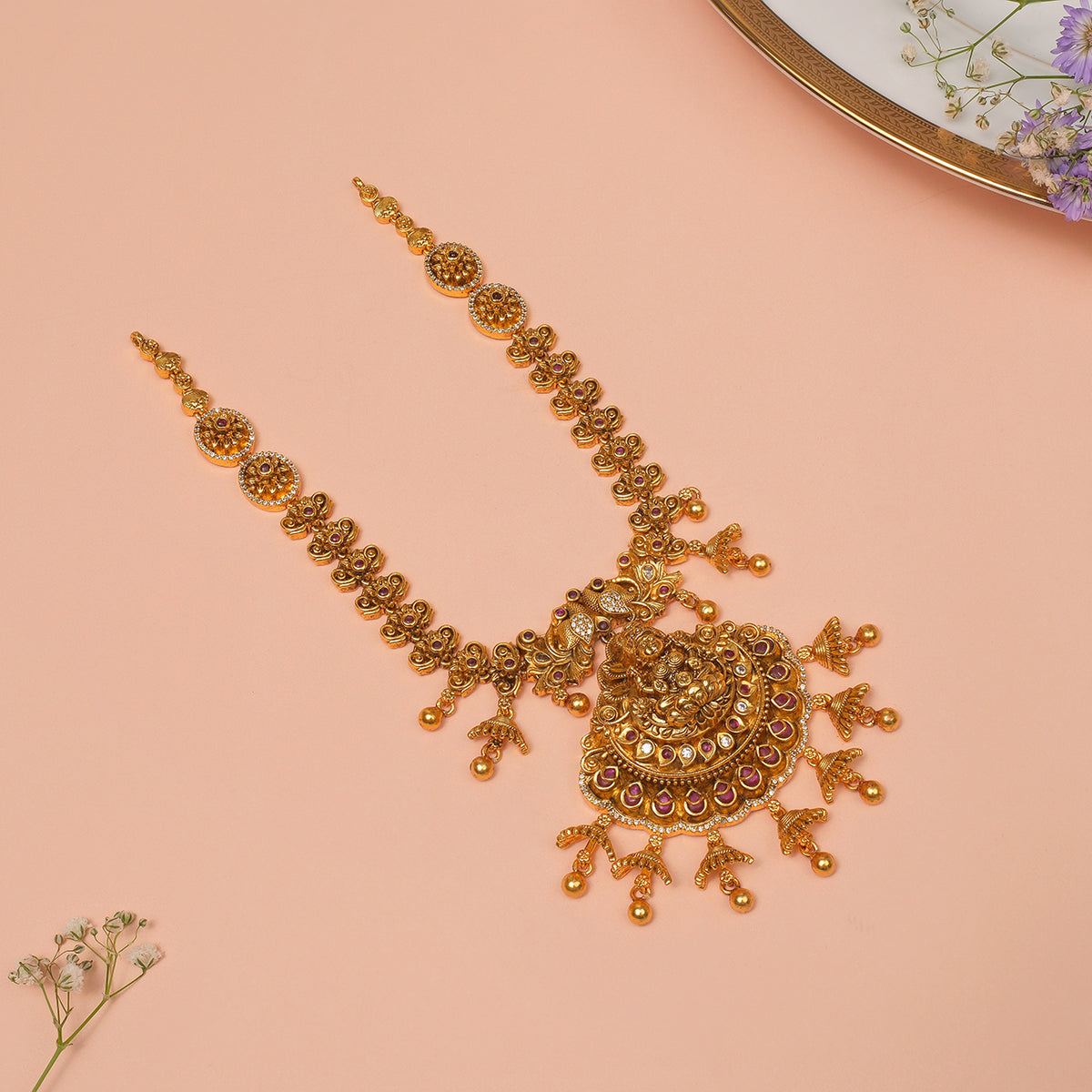 Silver Antique Lakshmi Devi Haaram with Ruby Potas and Coloured Kundan ...