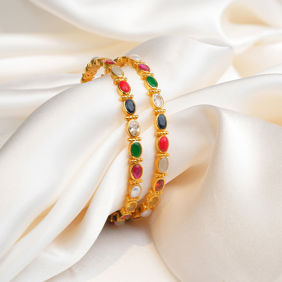 Sleek Silver Bangles with Navratna Stones – Padmam