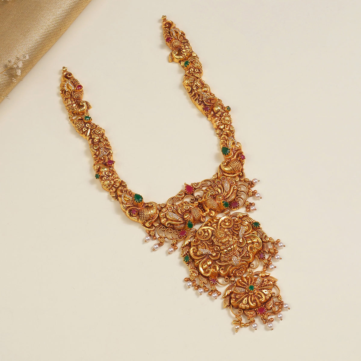 Heavy Temple Silver Haaram with Lakshmi and Peacock Design – Padmam