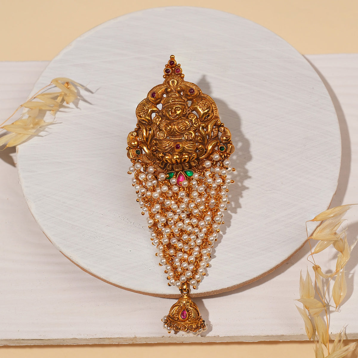 Temple Silver Lakshmi Devi Jada with Ruby Potas – Padmam