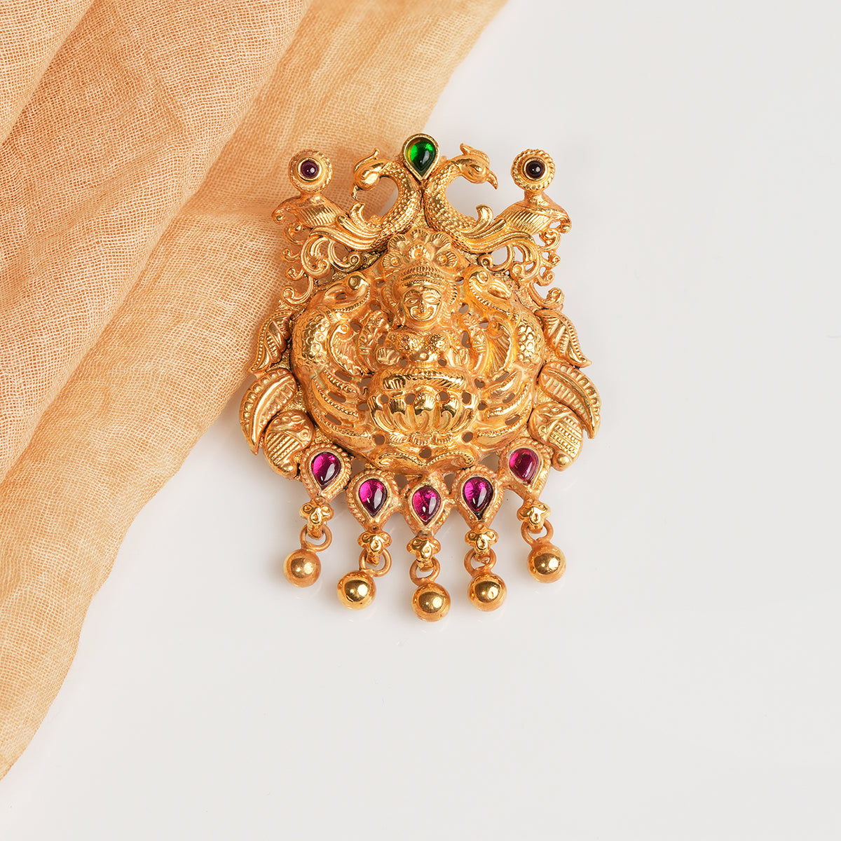 Heavy Lakshmi Devi Pendant with Ruby and Emerald Highlights – Padmam