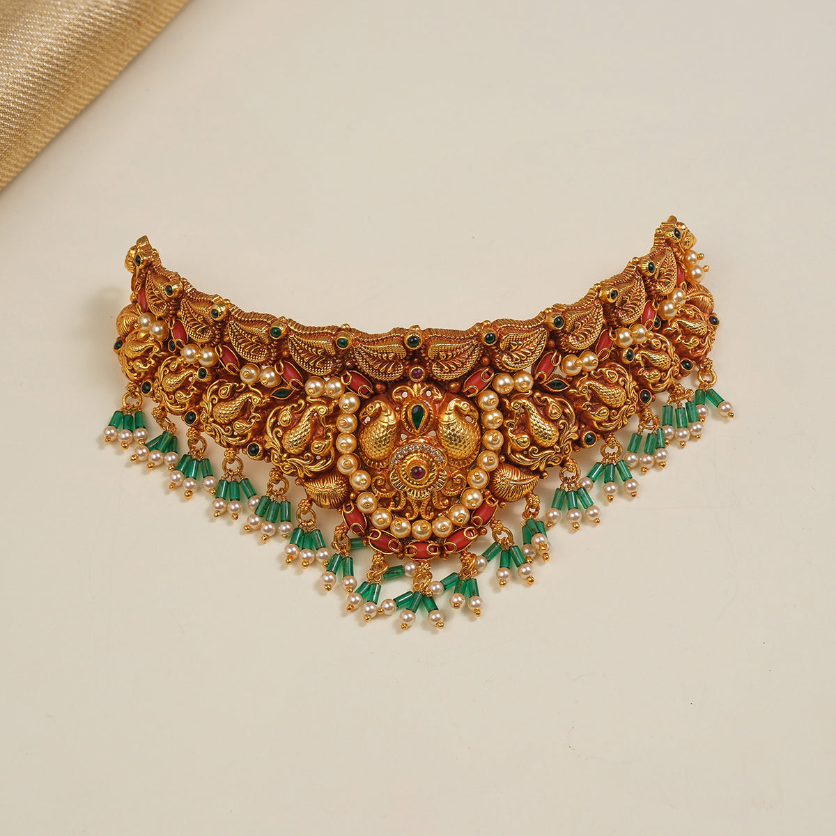 Silver Temple Finish with Coral Beads and Leaf Design – Padmam