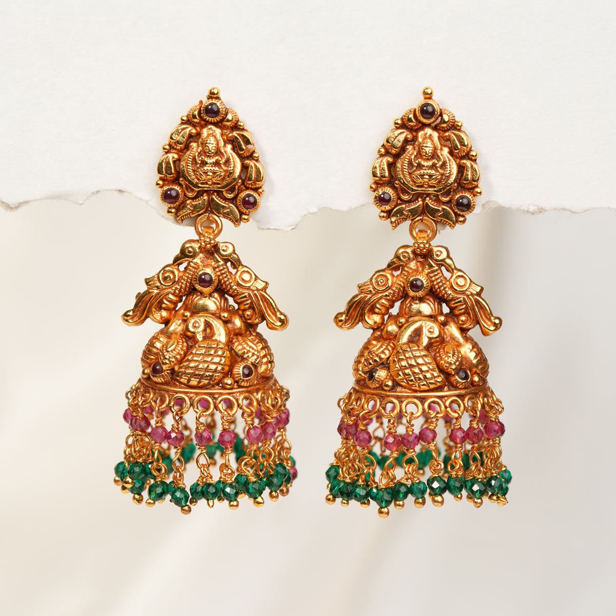 Temple Finish Silver Jhumkas with Ruby Potas and Lakshmi Devi Design ...
