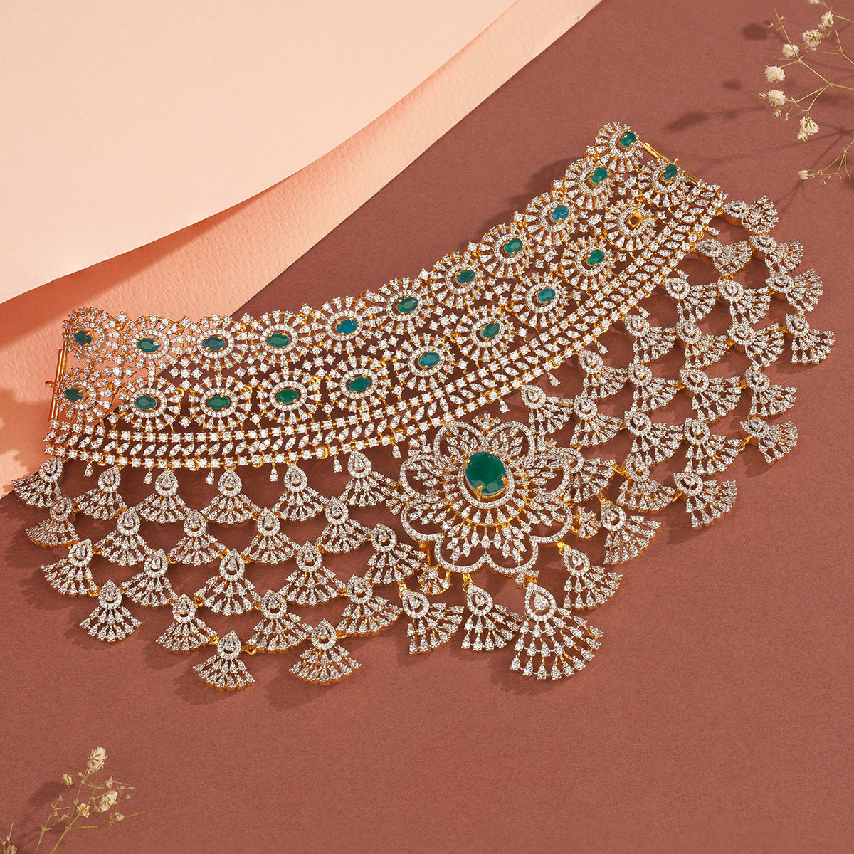 Silver and CZ Broad Choker with Floral Highlight – Padmam