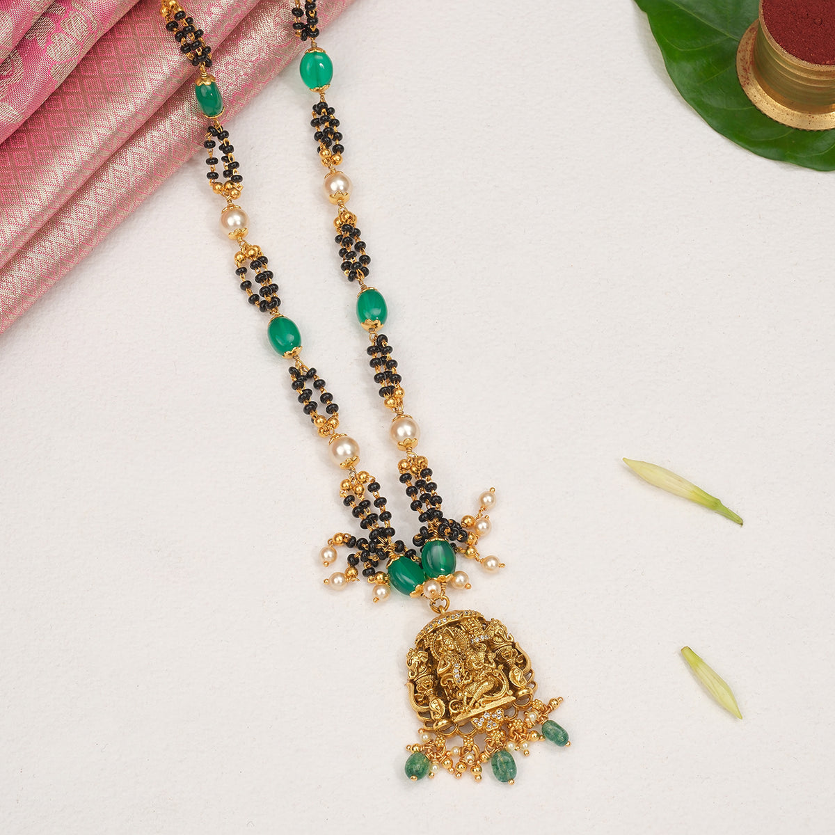 Emerald Black Beads with Divine Lakshmi Pendant – Padmam