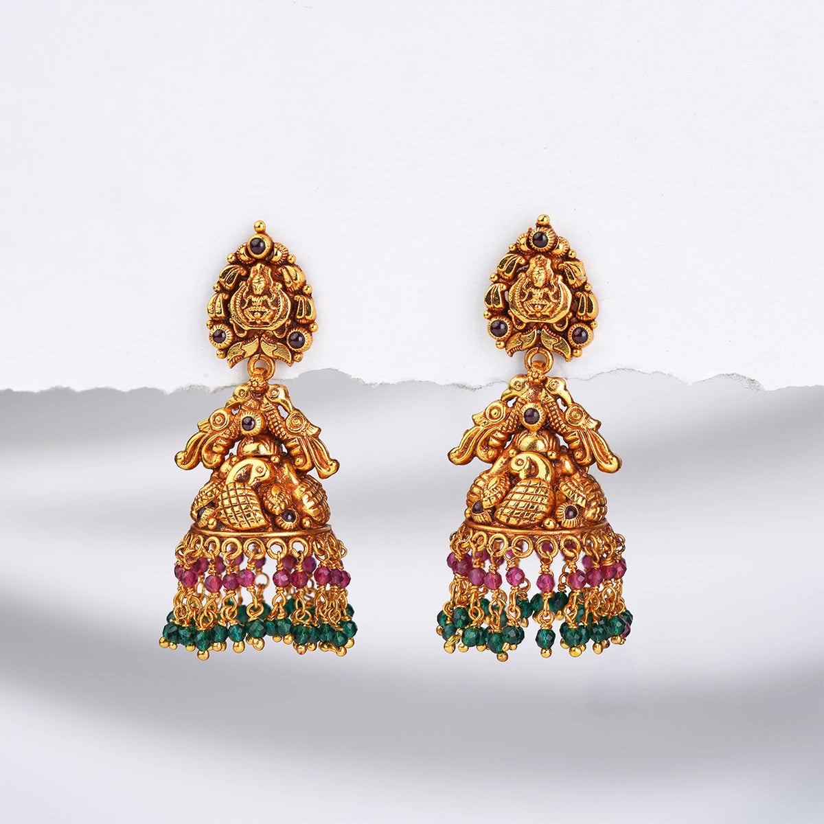 Temple Finish Silver Jhumkas with Ruby Potas and Lakshmi Devi Design ...