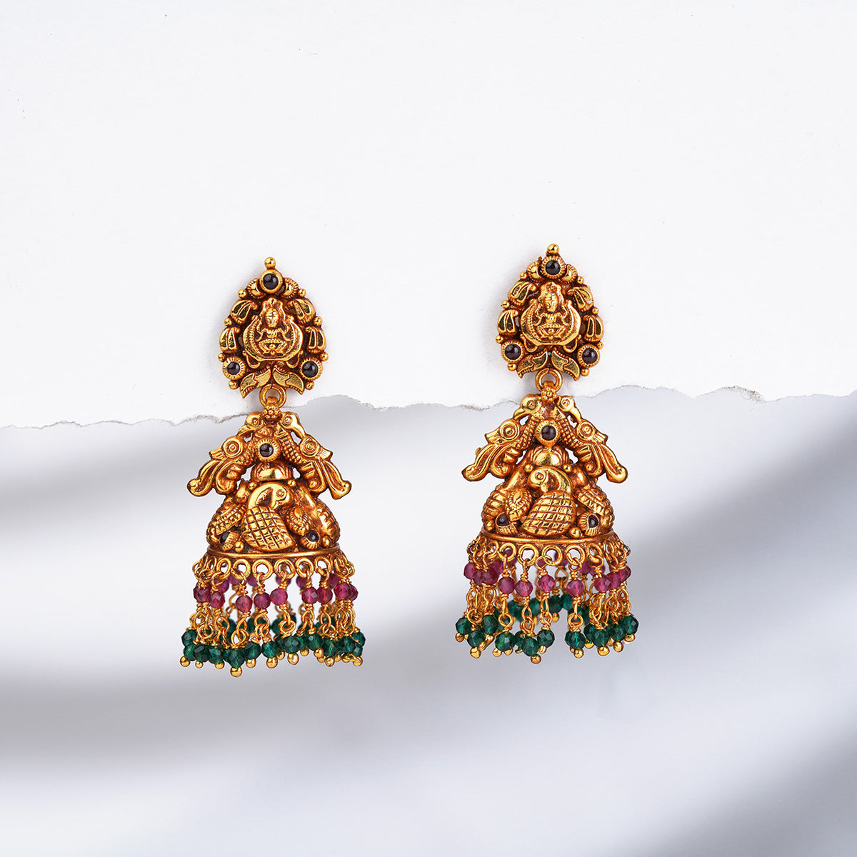 Temple Finish Silver Jhumkas with Ruby Potas and Lakshmi Devi Design ...