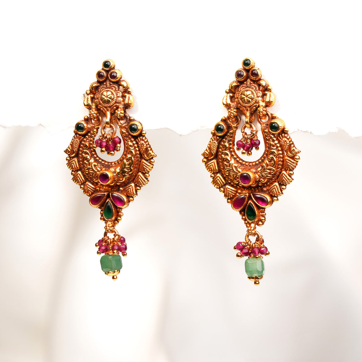 Temple SIlver Chandbalis with Emerald and Ruby Potas and Coloured Kund ...