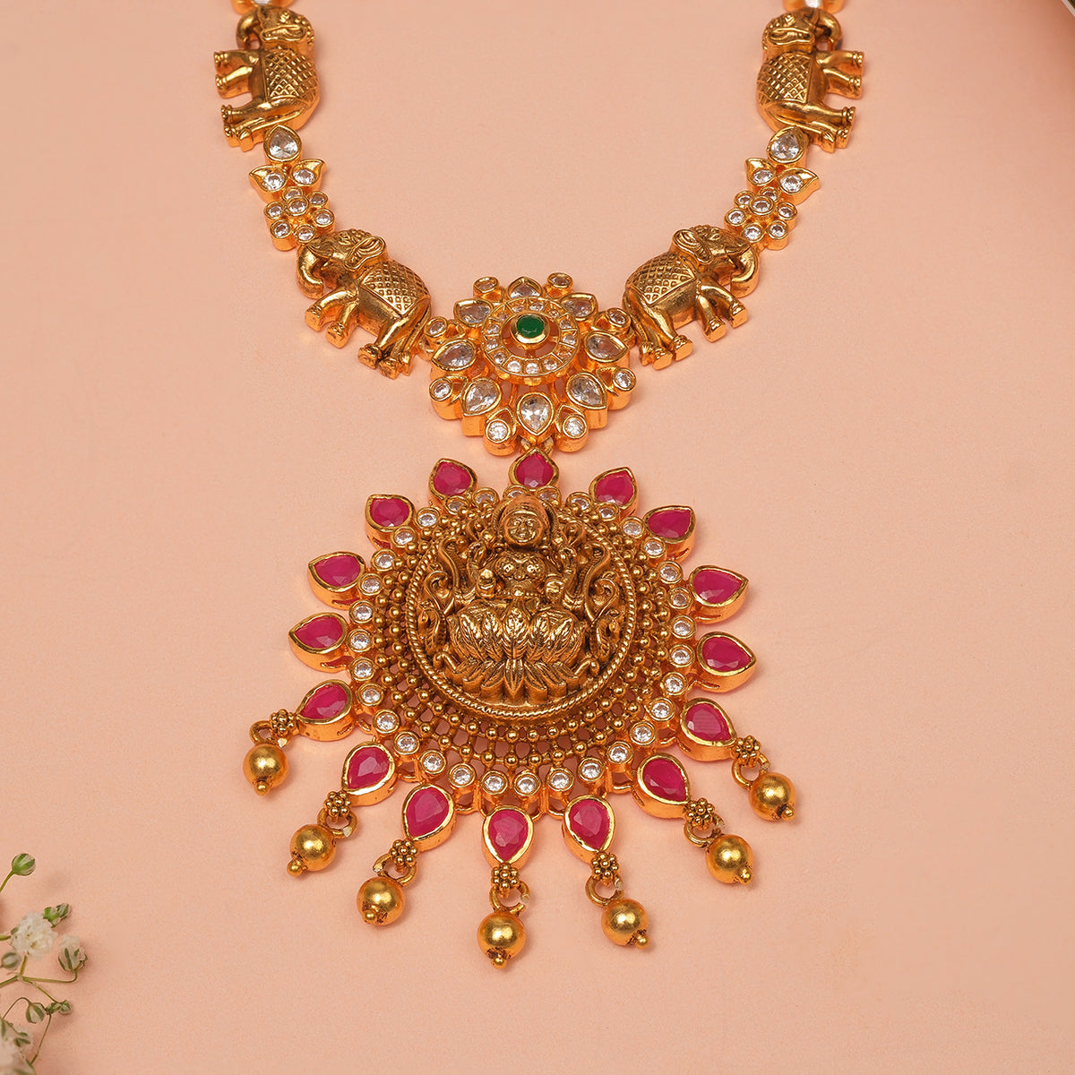 Silver Semi Antique Short Necklace with Lakshmi Devi Pendant – Padmam