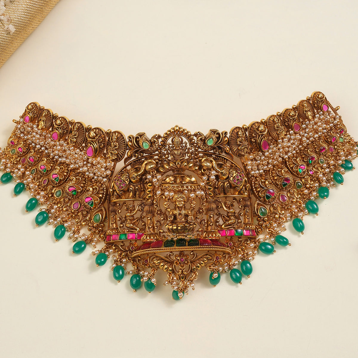 Antique Silver Choker with Lakshmi Devi Design and Multistones – Padmam