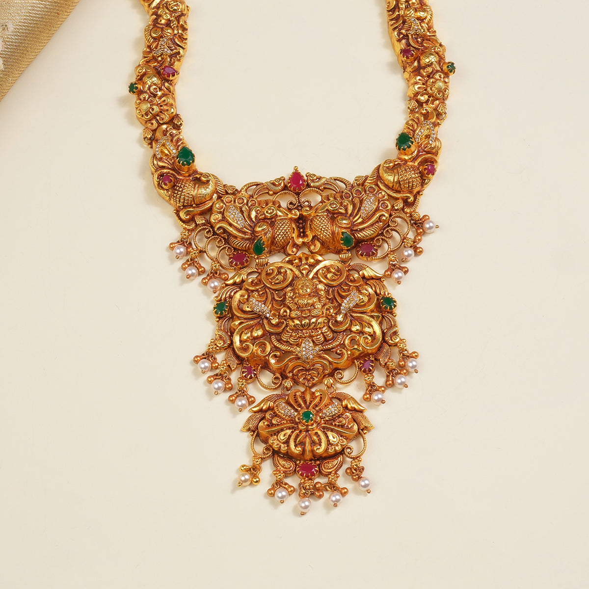 Heavy Temple Silver Haaram with Lakshmi and Peacock Design – Padmam