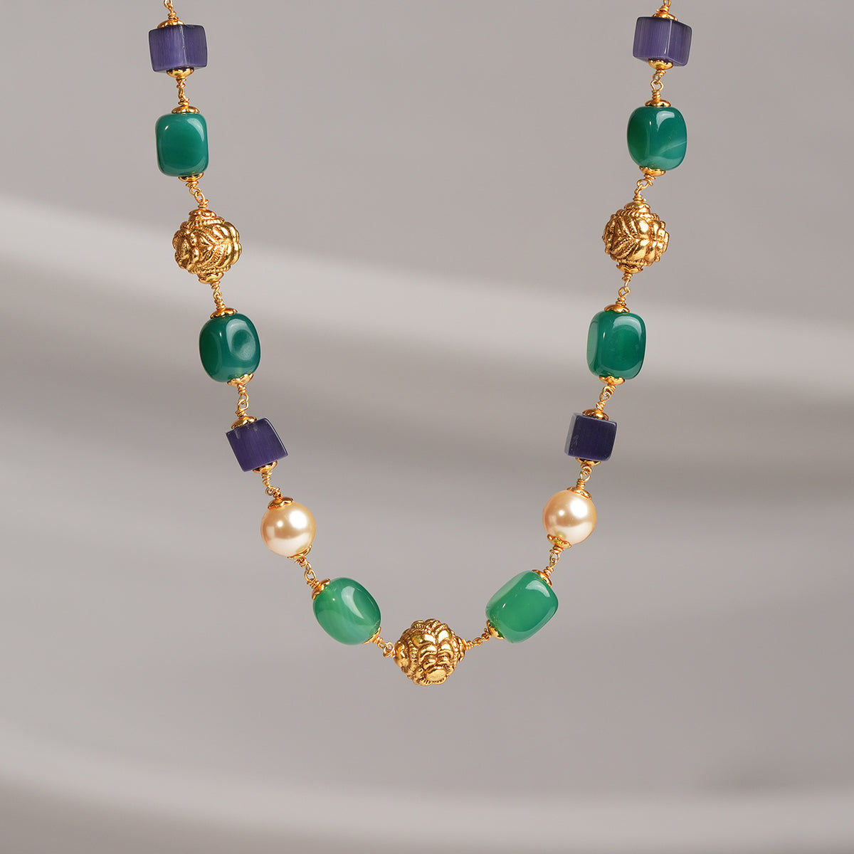 Traditional Silver Mala with Stone Beads and Pearls – Padmam