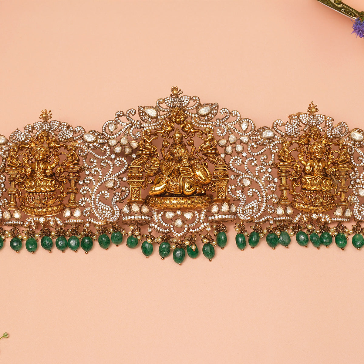 Traditional Lakshmi Mandir Silver Vaddanam with CZs and Emerald Beads ...