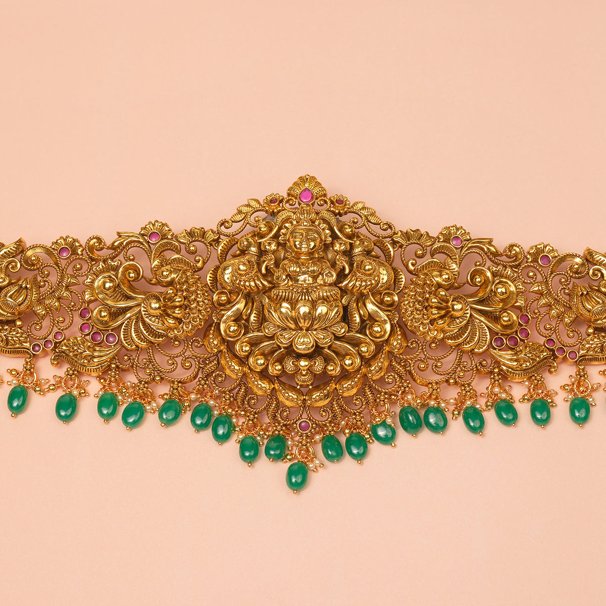 Peacock and Floral Silver Vaddanam and Emerald Bead Hangings – Padmam
