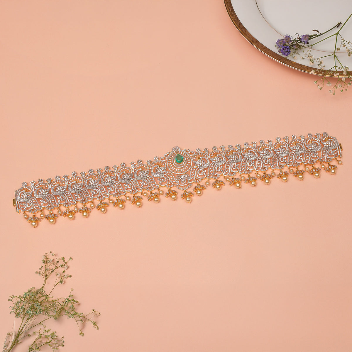 Silver Peacock Detailing Vaddanam with CZs and Pearl Hangings – Padmam
