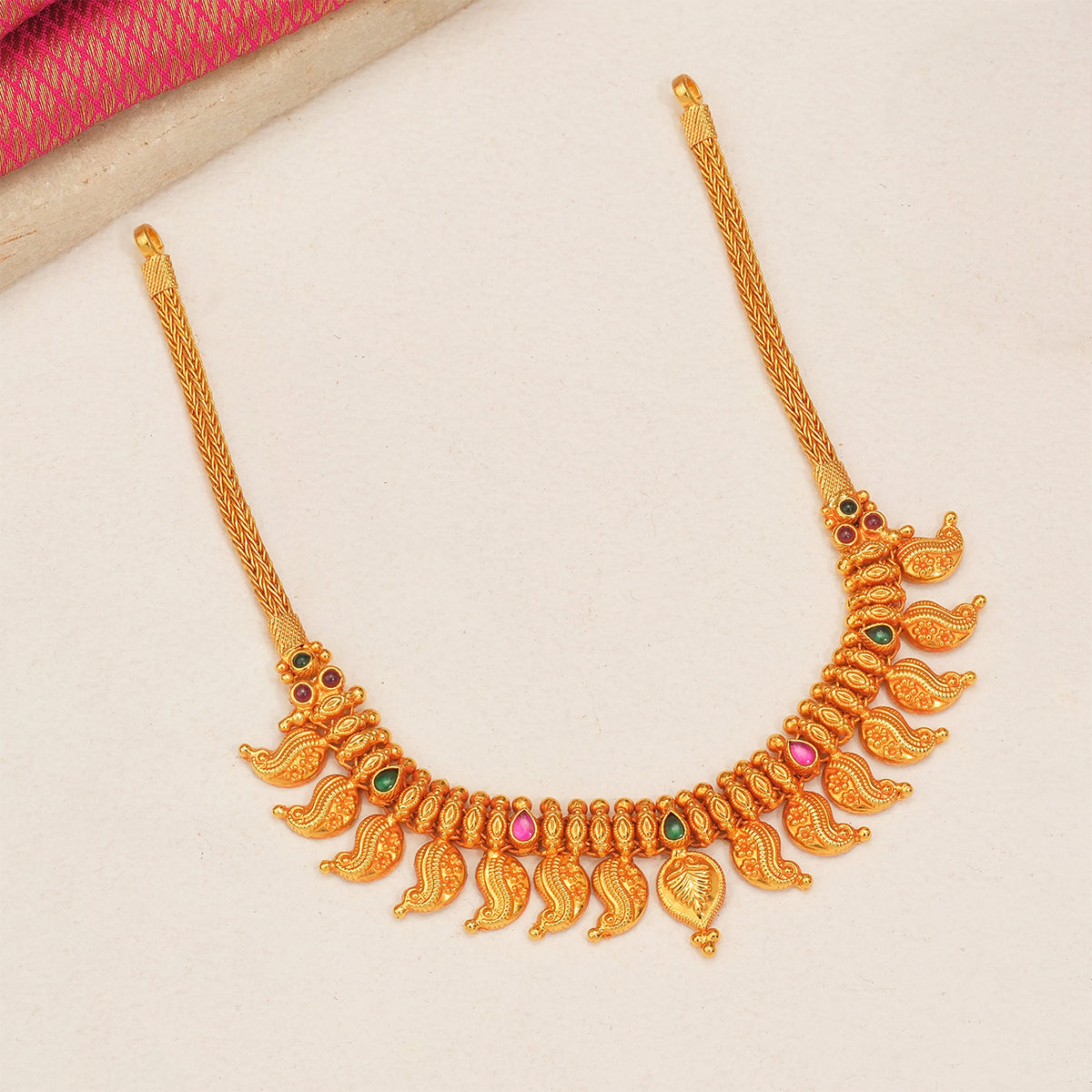 Temple Silver Necklace with Coloured Kundans – Padmam