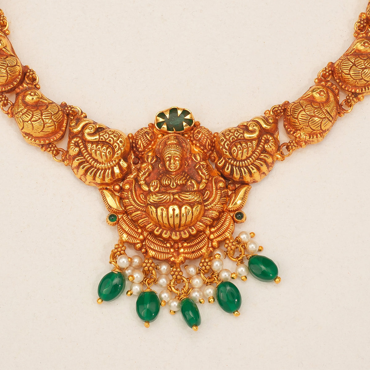 Temple Lakshmi Devi Necklace with Emerald Beads – Padmam