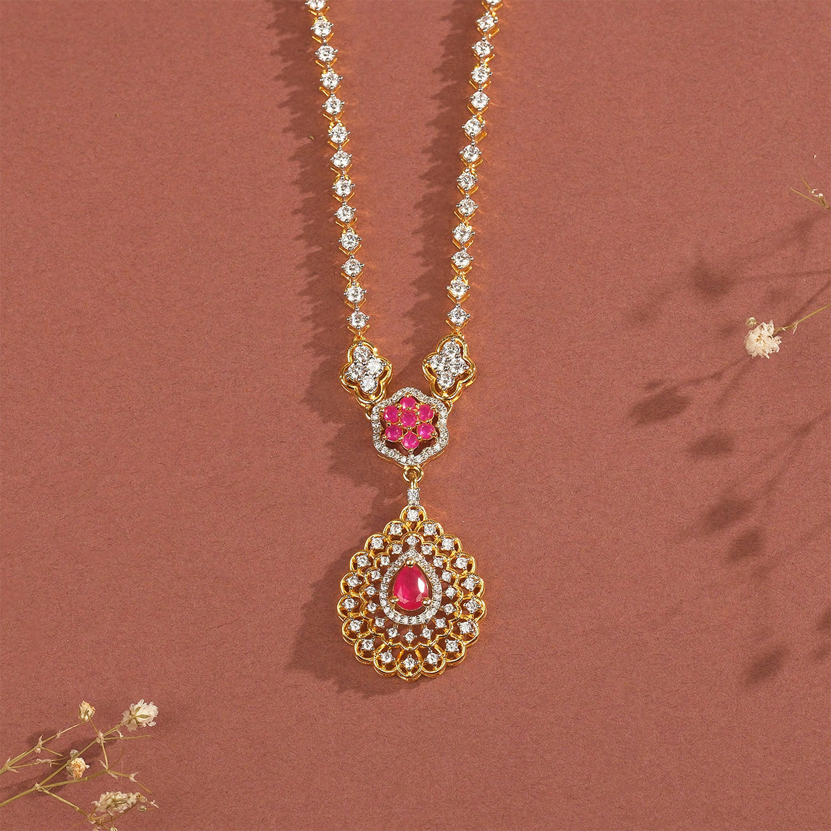 Sleek Silver Necklace with CZs and Ruby Highlight – Padmam