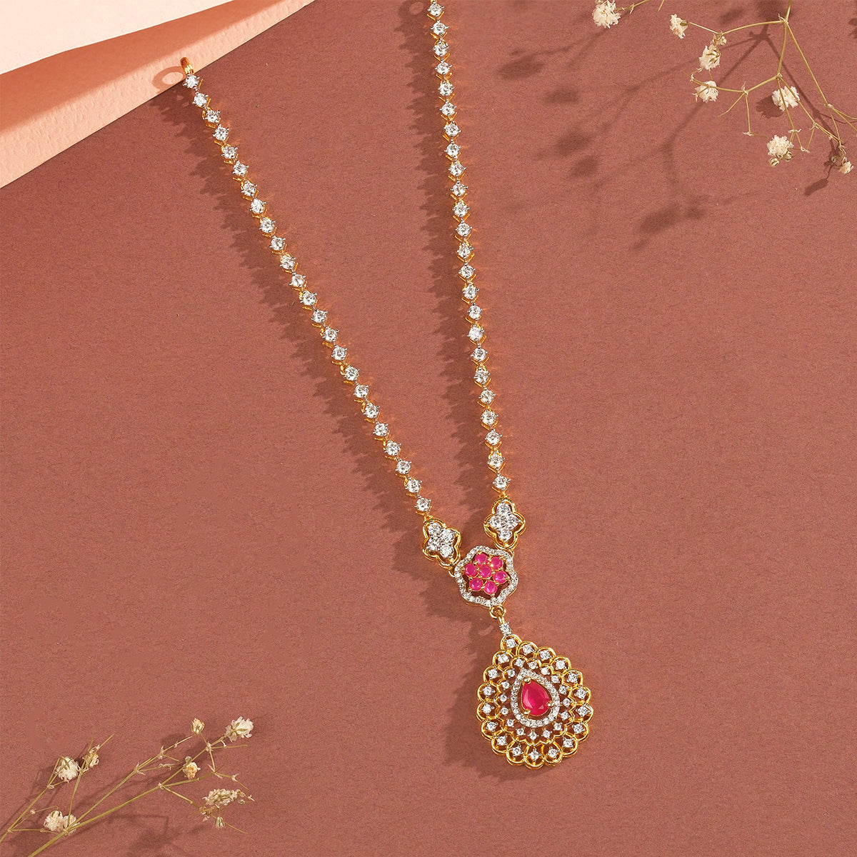 Sleek Silver Necklace with CZs and Ruby Highlight – Padmam