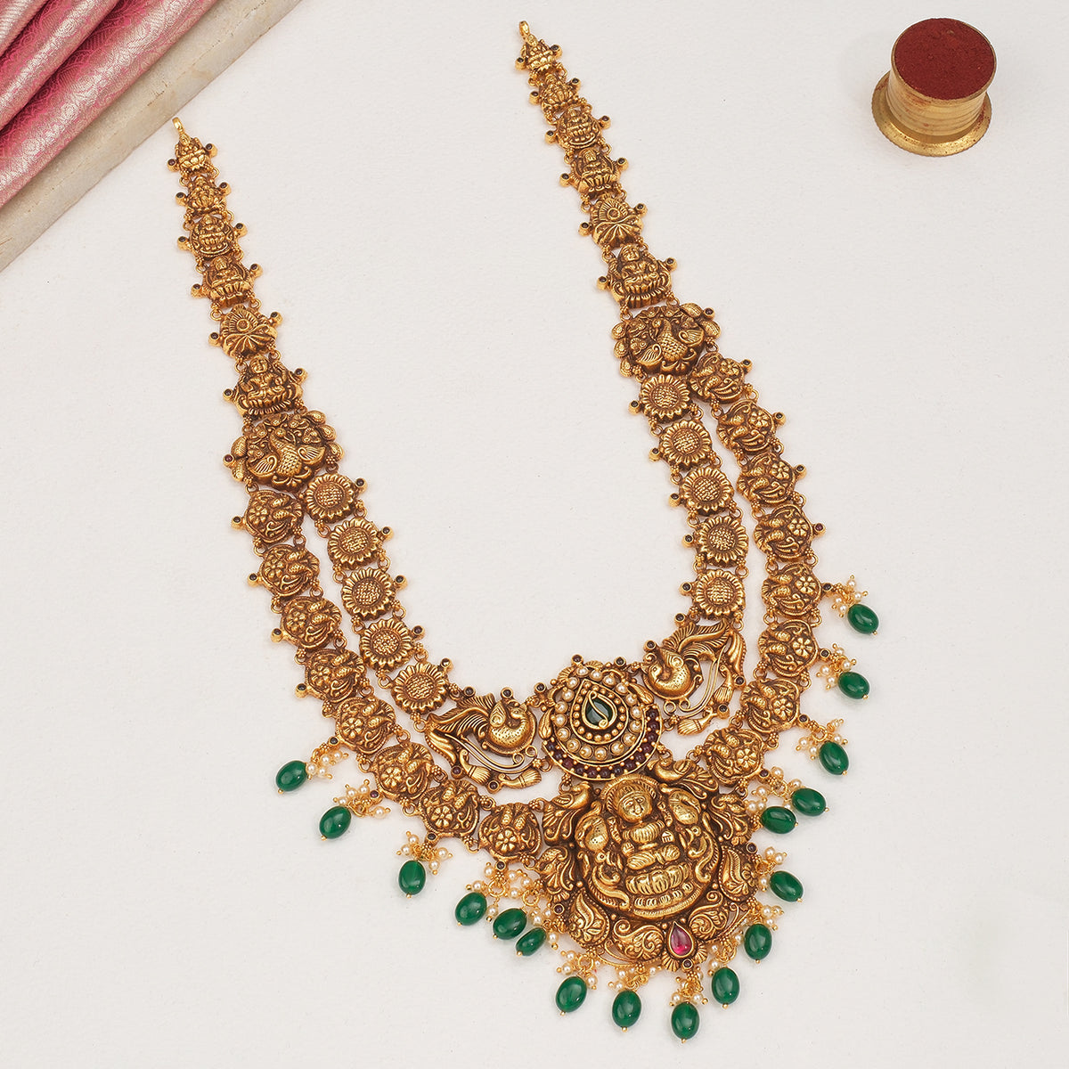 Antique Silver Stepped Haaram with Emeralds – Padmam
