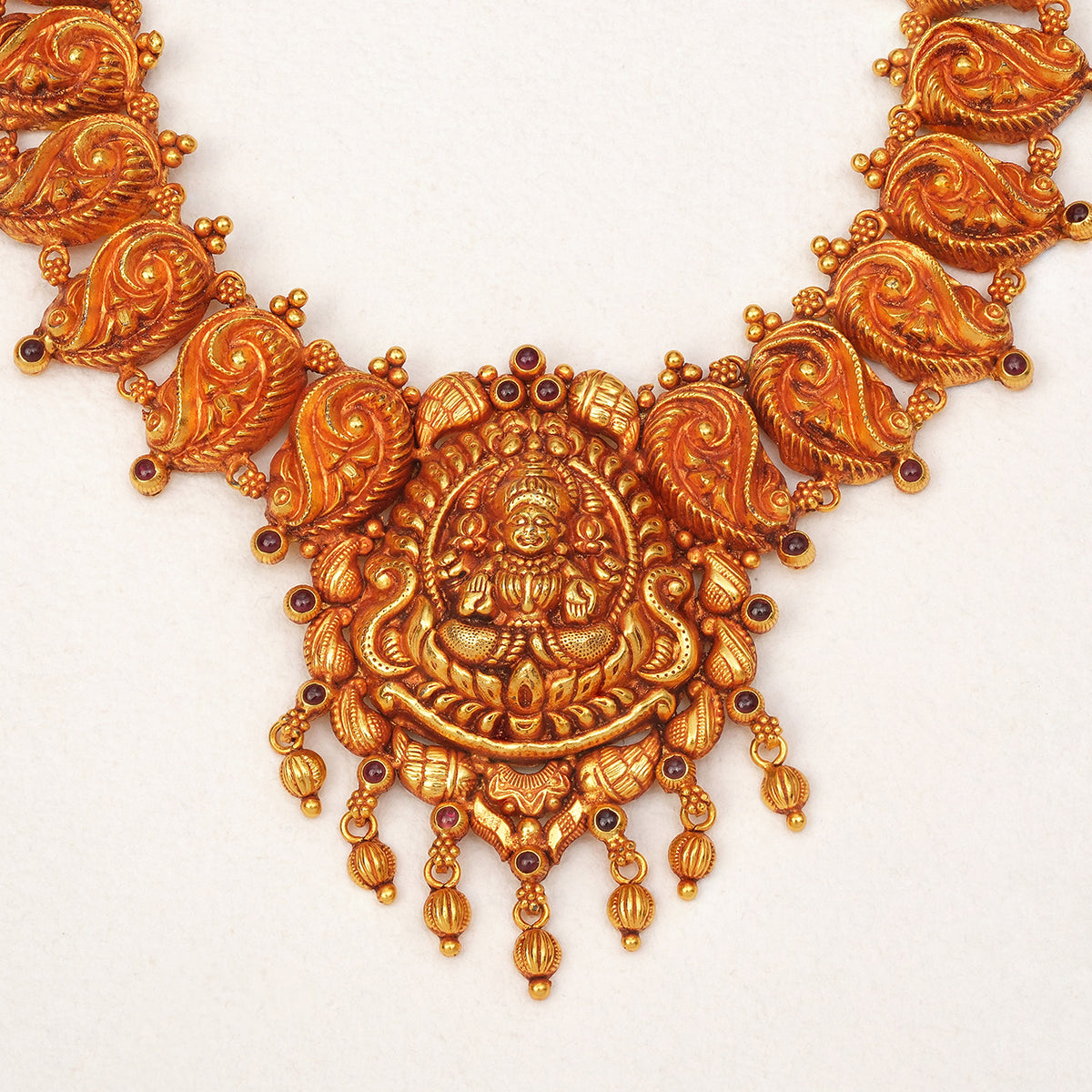 Temple Silver Haaram with Lakshmi Devi and Leaf Highlights – Padmam