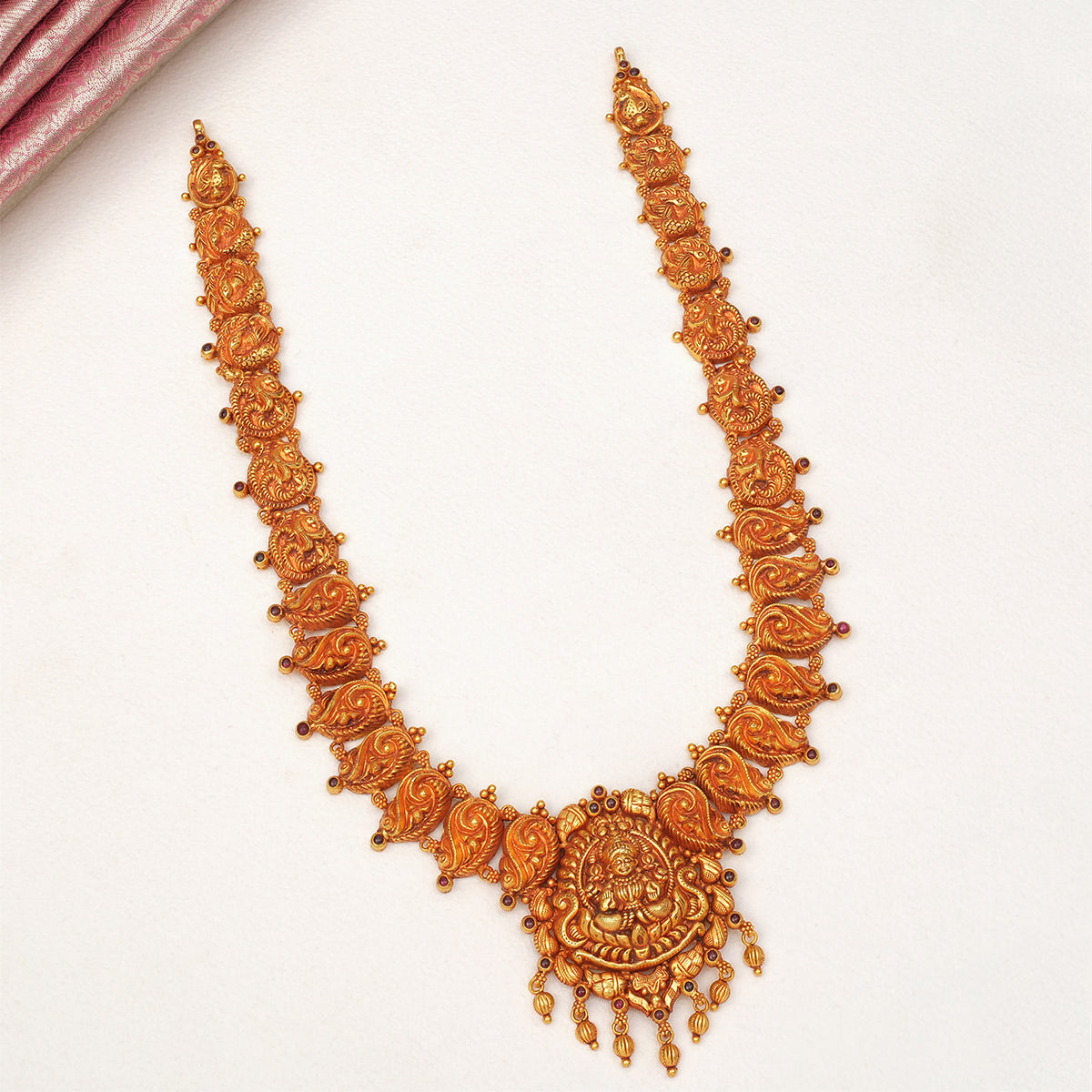 Temple Silver Haaram with Lakshmi Devi and Leaf Highlights – Padmam