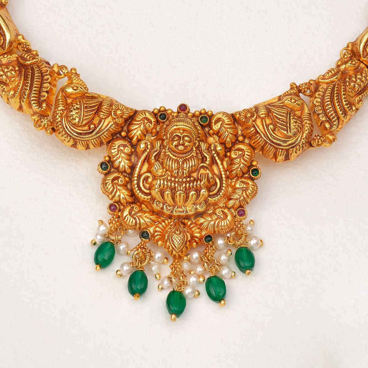 Silver Lakshmi Devi Necklace with Stone Bead Hangings – Padmam
