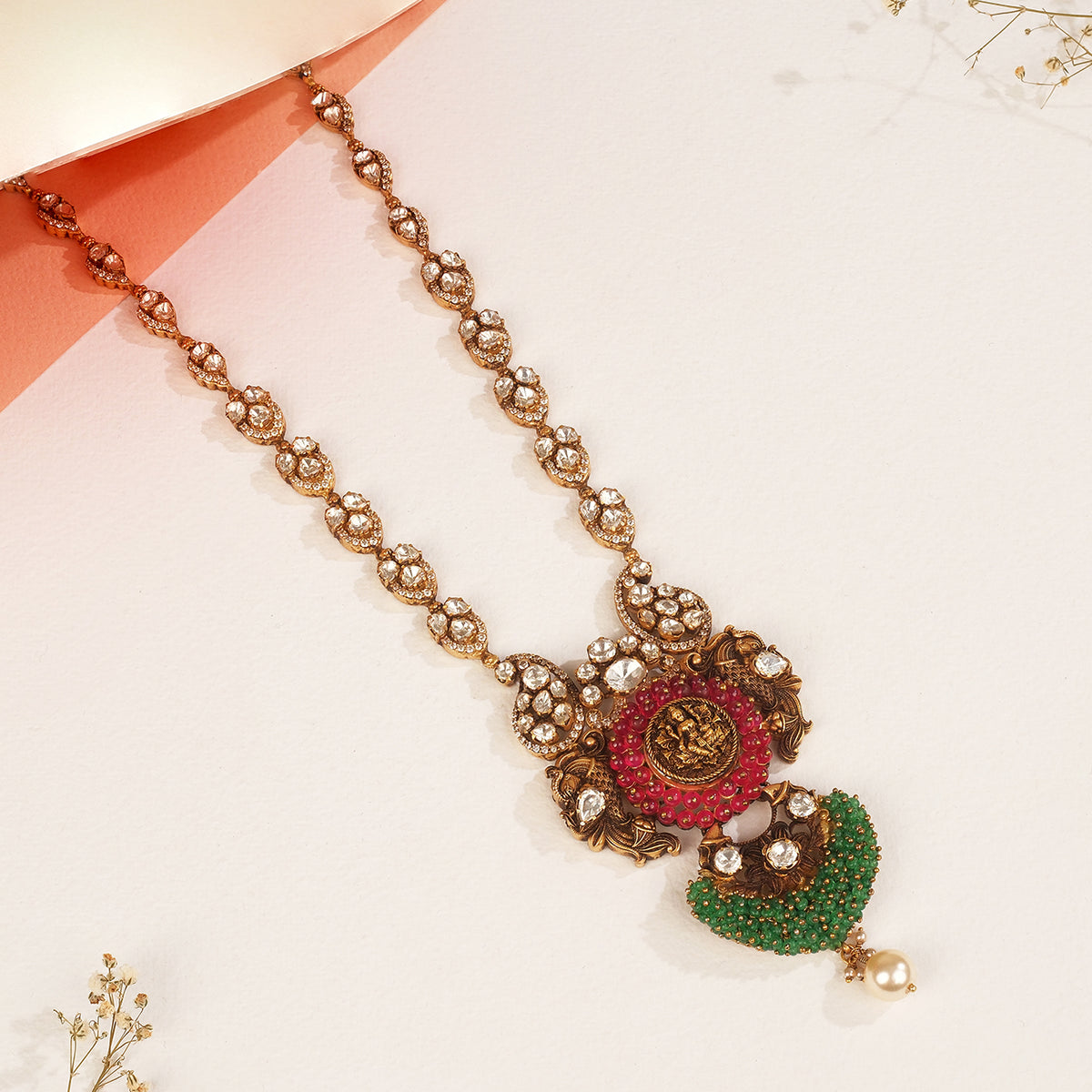 Antique Lakshmi Devi and Peacock Haaram with Kundan Chain – Padmam