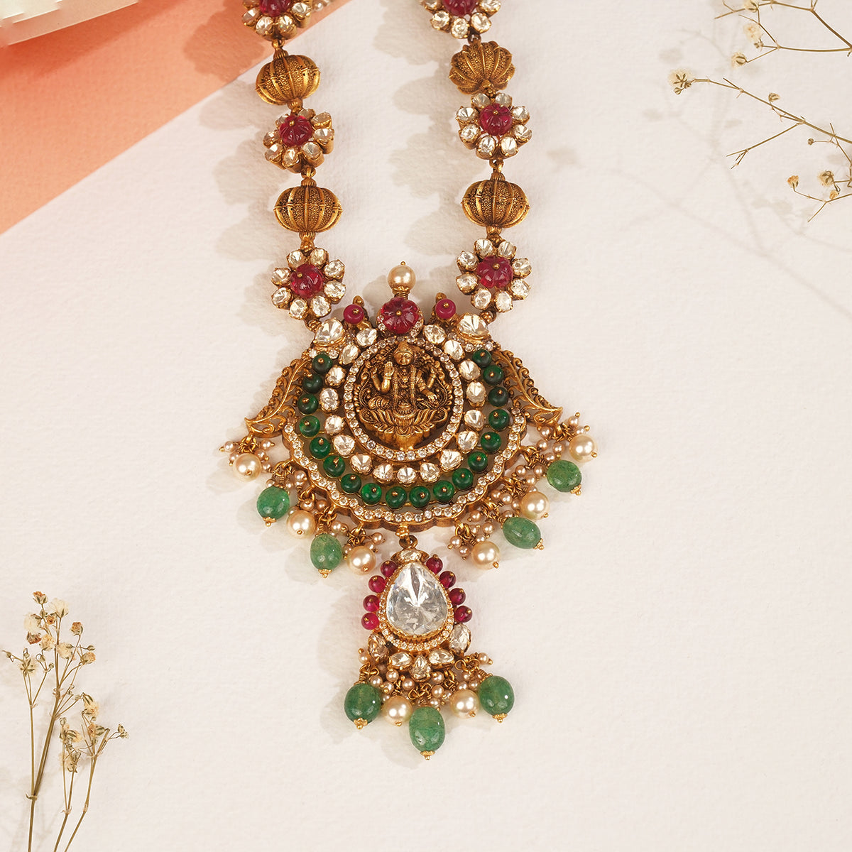 Antique Silver Lakshmi Devi Haaram with Kundan Chain – Padmam