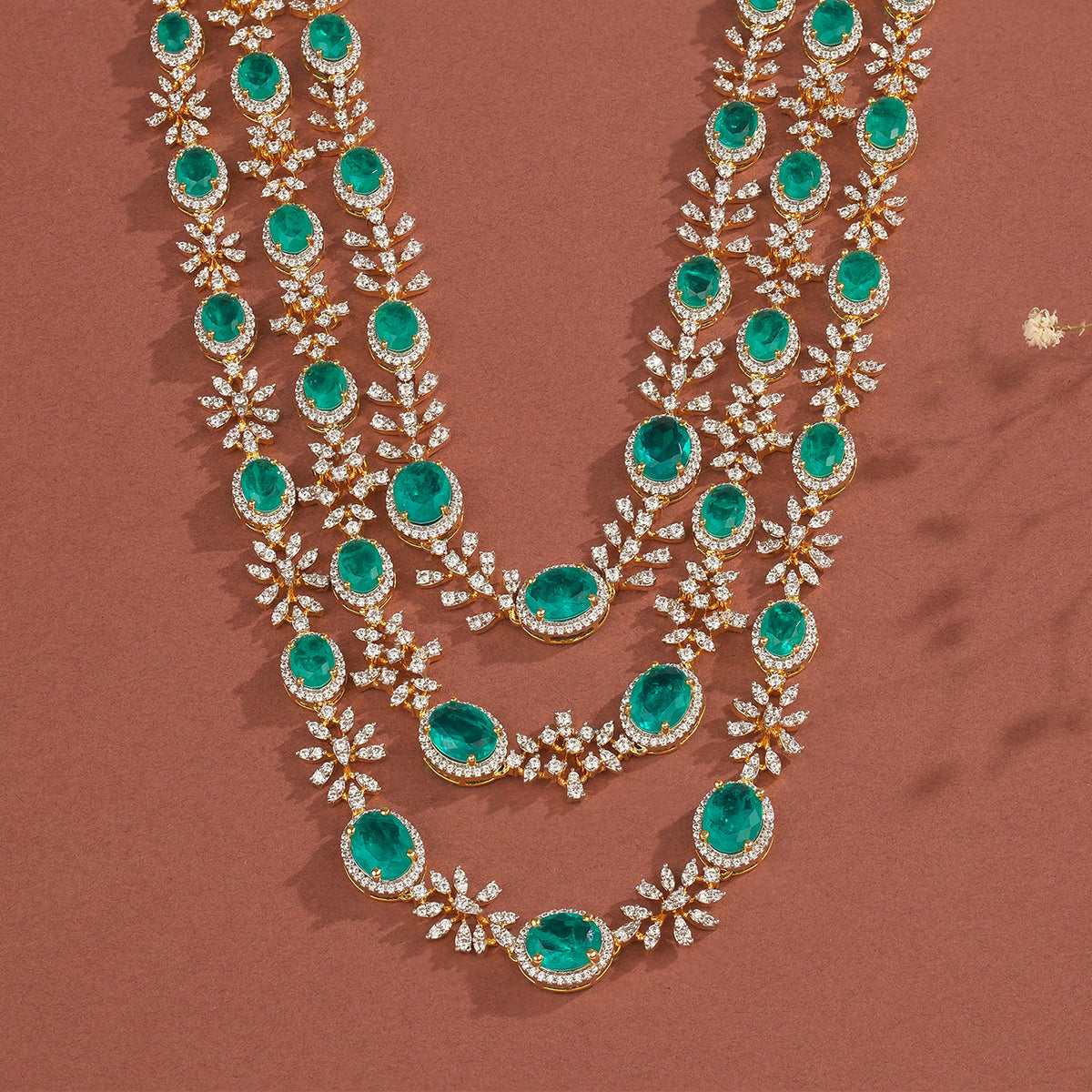 Silver and CZ Stepped Haaram with Emerald Highlights – Padmam