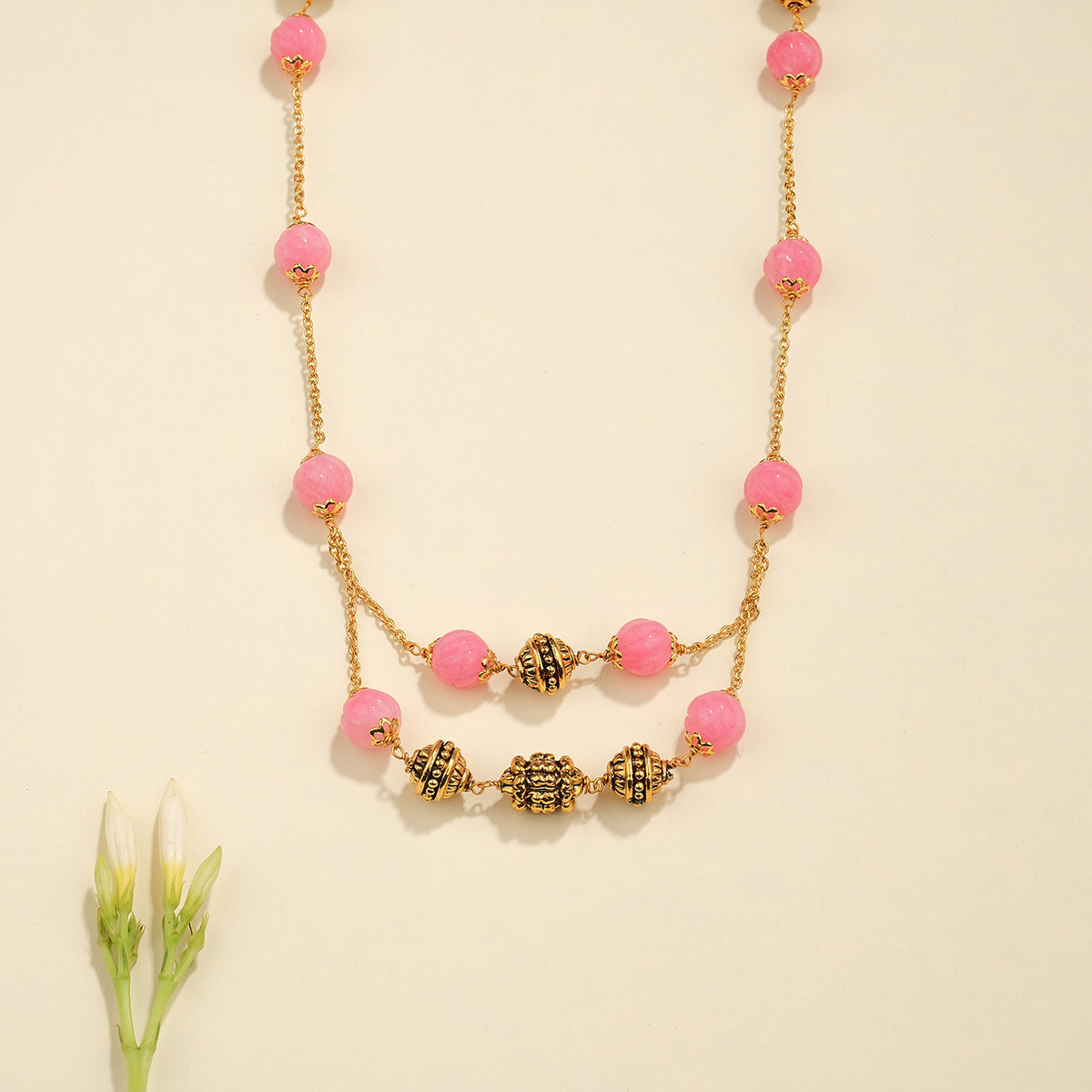 Charming Silver Pink Beaded Mala with Antique Finish Accents – Padmam