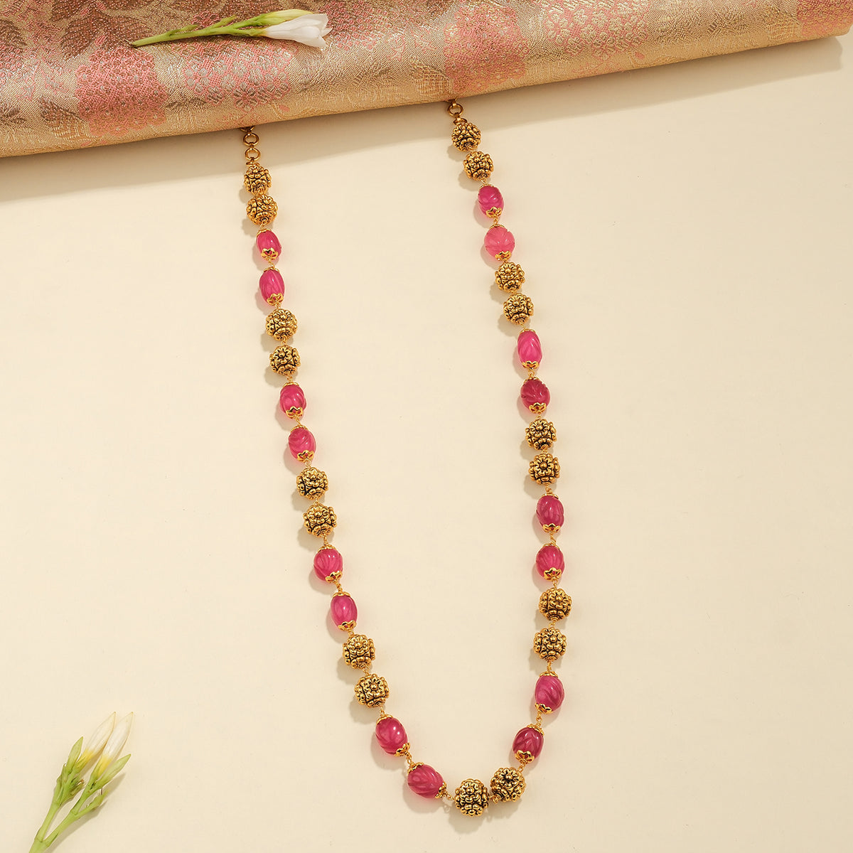 Classic Silver Mala with Nakshi Beads and Red Stones – Padmam
