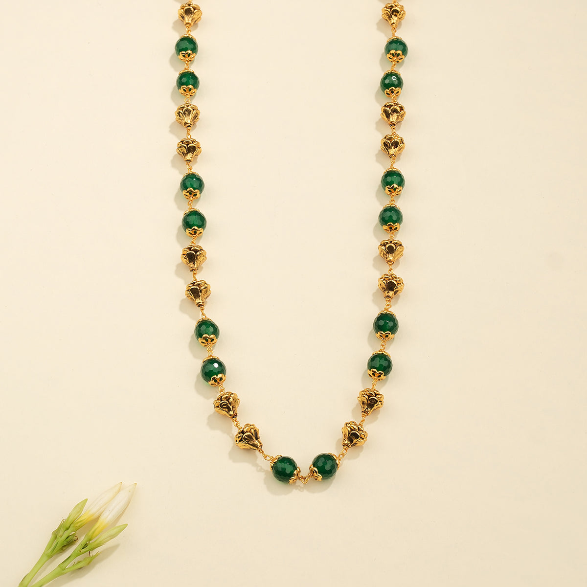 Elegant Silver Mala with Nakshi Floral Beads and Green Stones – Padmam