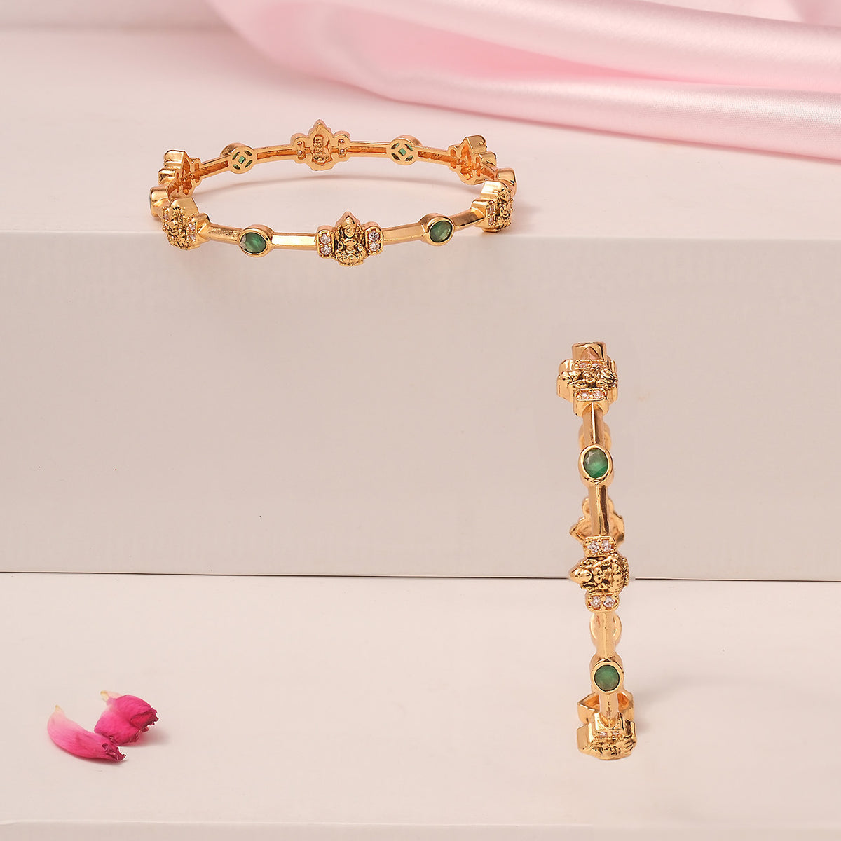 Silver Lakshmi Devi Bangles with Green Stone – Padmam