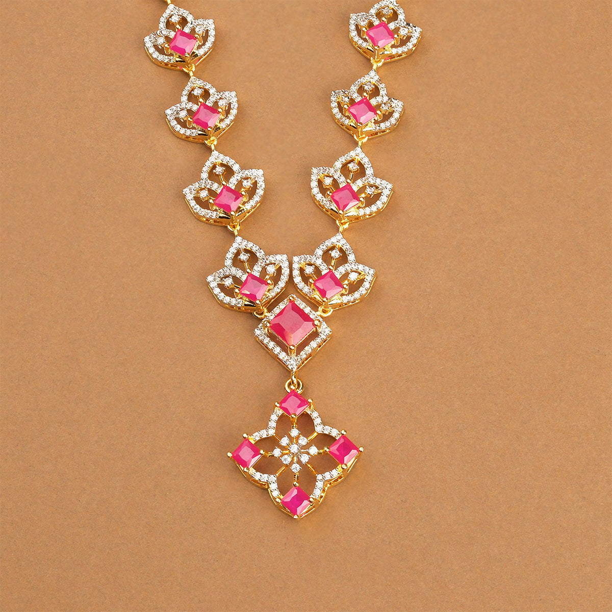 Regal Silver Necklace with Floral Design and Red Stone Highlights – Padmam