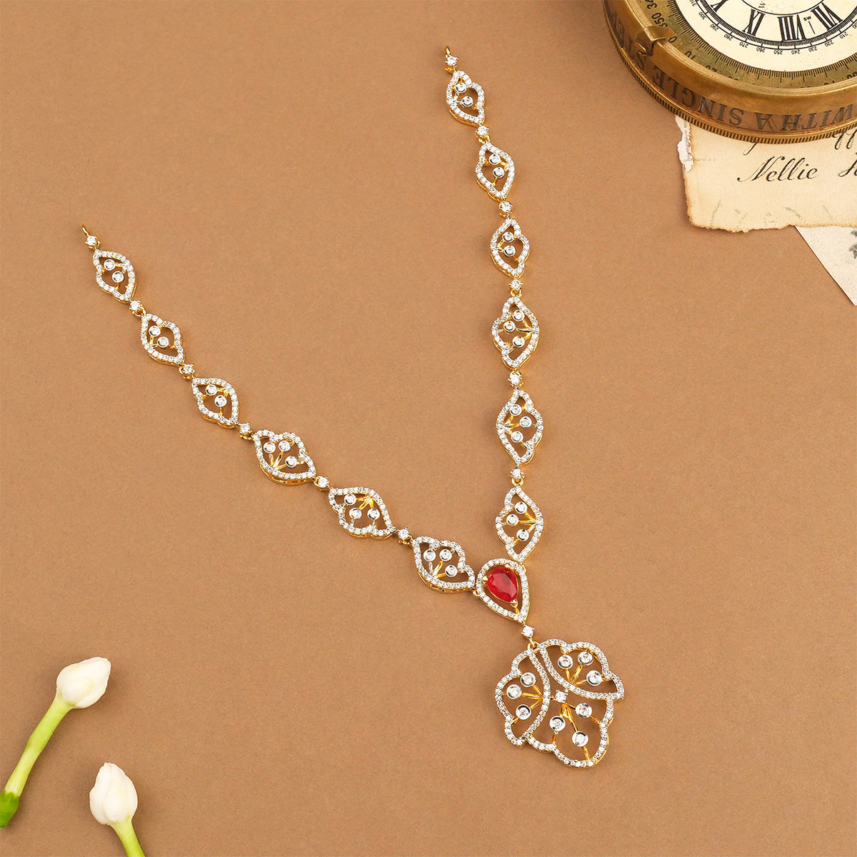 Elegant Silver CZ Necklace in Petal Design – Padmam