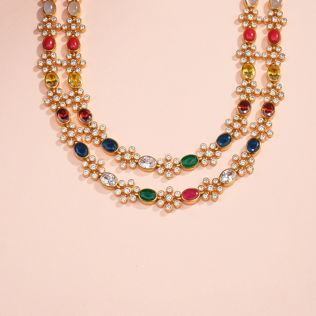 Silver Stepped Haaram with Coloured Kundans and Floral Detail – Padmam