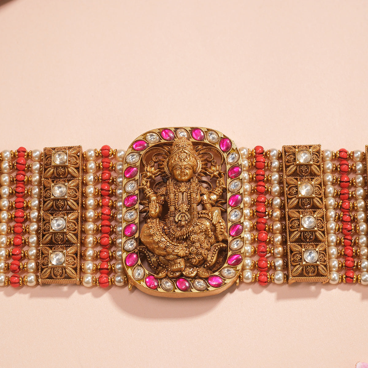 Silver Broad Choker with Lakshmi Devi Design and Stones – Padmam