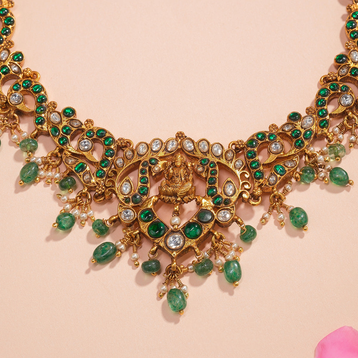Intricate Silver Necklace with Lakshmi Devi Detail and Kundans – Padmam