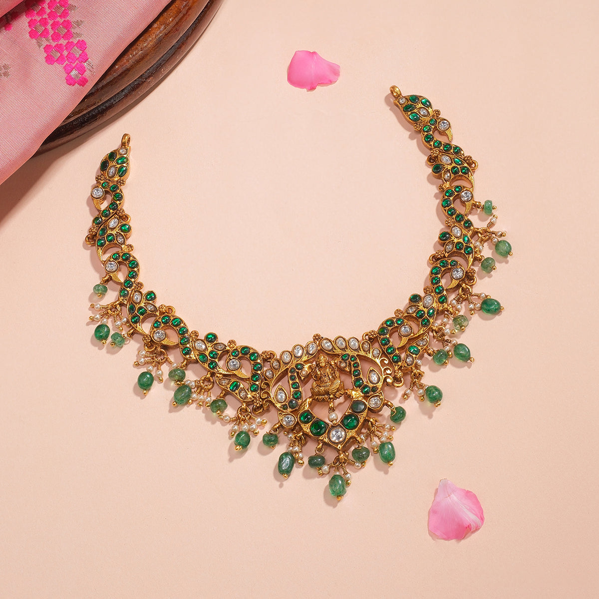 Intricate Silver Necklace with Lakshmi Devi Detail and Kundans – Padmam