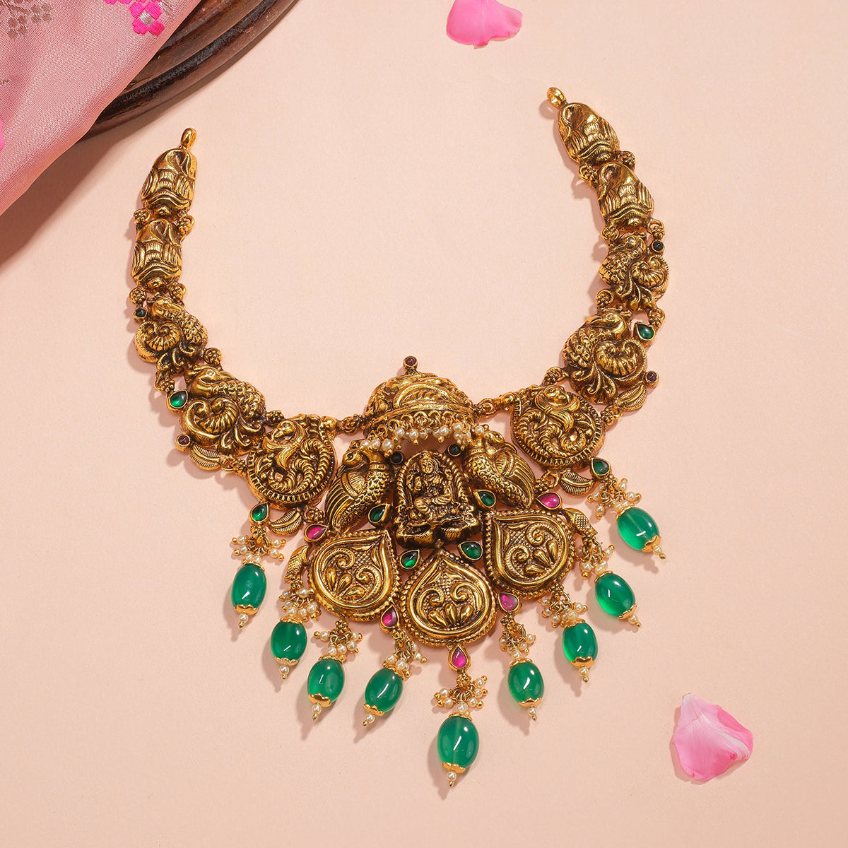 Antique Silver Necklace with Lakhsmi Devi and Peacock Design – Padmam
