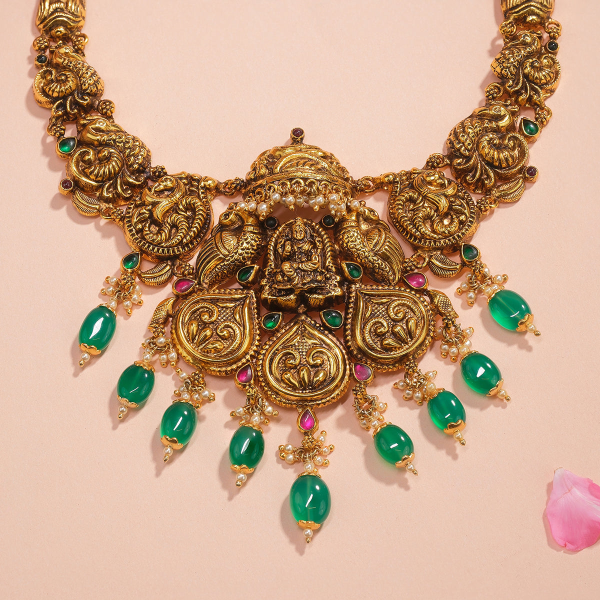Antique Silver Necklace with Lakhsmi Devi and Peacock Design – Padmam