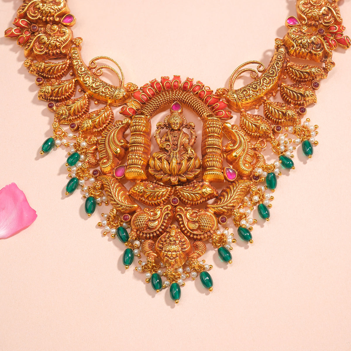 Temple Silver Long Haaram with Lakshmi Devi and Peacock Pattern – Padmam