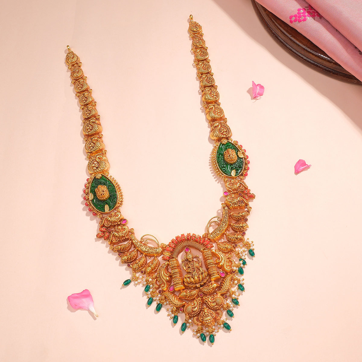 Temple Silver Long Haaram with Lakshmi Devi and Peacock Pattern – Padmam