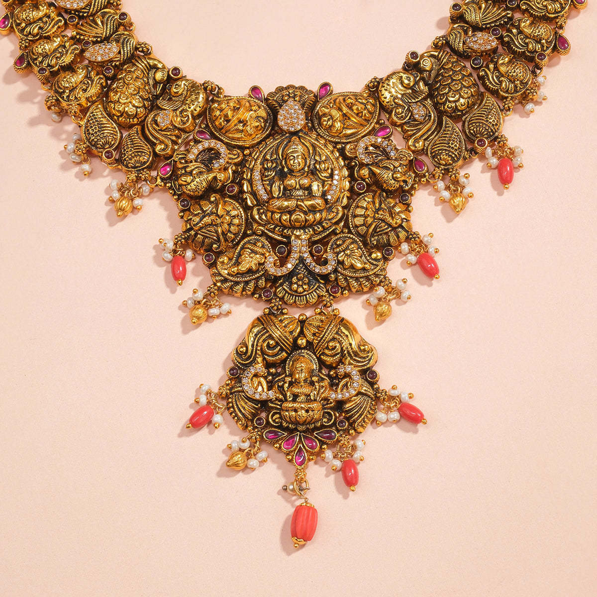 Antique Silver Haaram with Lakshmi Devi Design and Peacocks – Padmam
